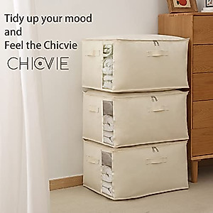 CHICVIE Canvas Comforters Bags Closet Organizers and Storage for Quilts Clothes Organization Containers Bins with Sturdy Zipper, Clear Window 75L for Sweaters Blankets Storage Bedroom Collapsible