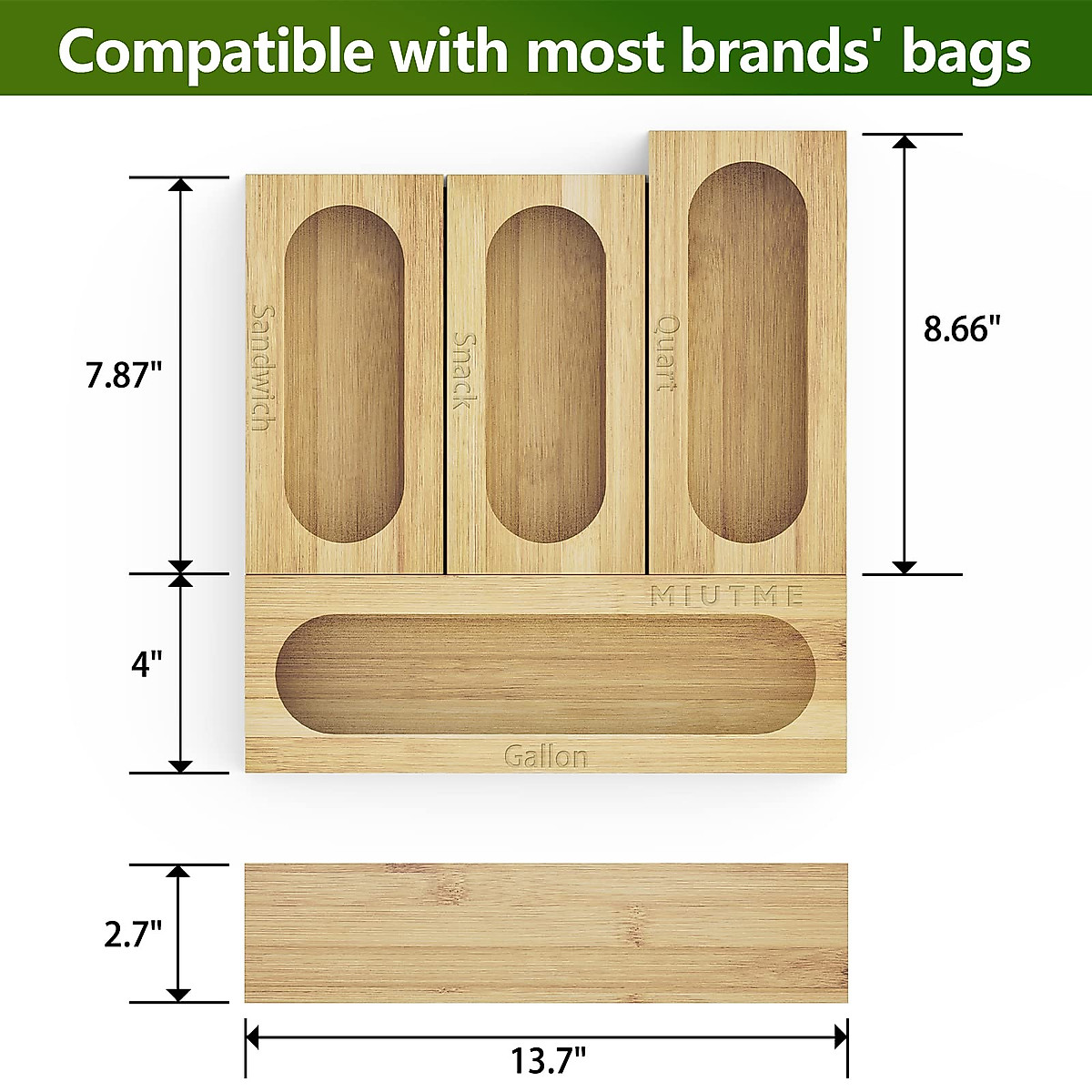 Ziplock Bag Storage Organizer for Drawer with Bigger Quart Box Bamboo Baggie Storage Organizer Kitchen Food Holders, Gallon Quart Snack and Sandwich Bag Variety Size Dispenser,4 Pack