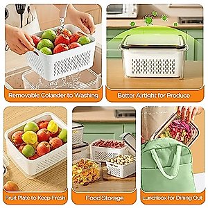 4-Pack Fruit Storage Containers for Fridge with Removable Colanders, 4 in 1 Produce Storage Containers for Refrigerator, Food Storage Container with Lid for Salad Berry Lettuce Vegetables Meat Keeper