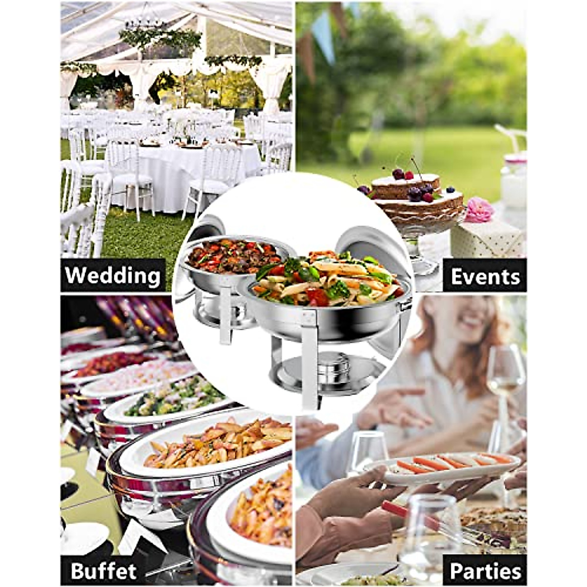 Halamine 2 Packs Round Chafing Dish Buffet Set 5 Quart Stainless Steel Chafer for Catering, Chafers and Buffet Warmers Sets w/Water Pan, Food Pan, Fuel Holder and Lid for Event Party Holiday