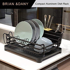BRIAN & DANY Aluminum Dish Drying Rack, Dish Racks for Kitchen Counter, Dish Drainer with Removable Cutlery Holder & Cup Holder, 16.5" L x 11.8" W, Black