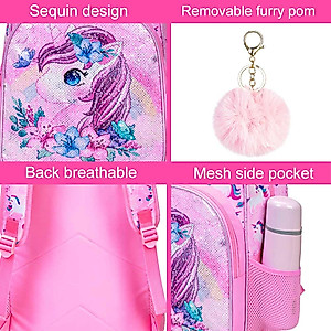 KLFVB 3PCS Unicorn Backpack for Girls, 16" Sequin Kids Bookbag and Lunch Box, Preschool Backpacks for Elementary Students