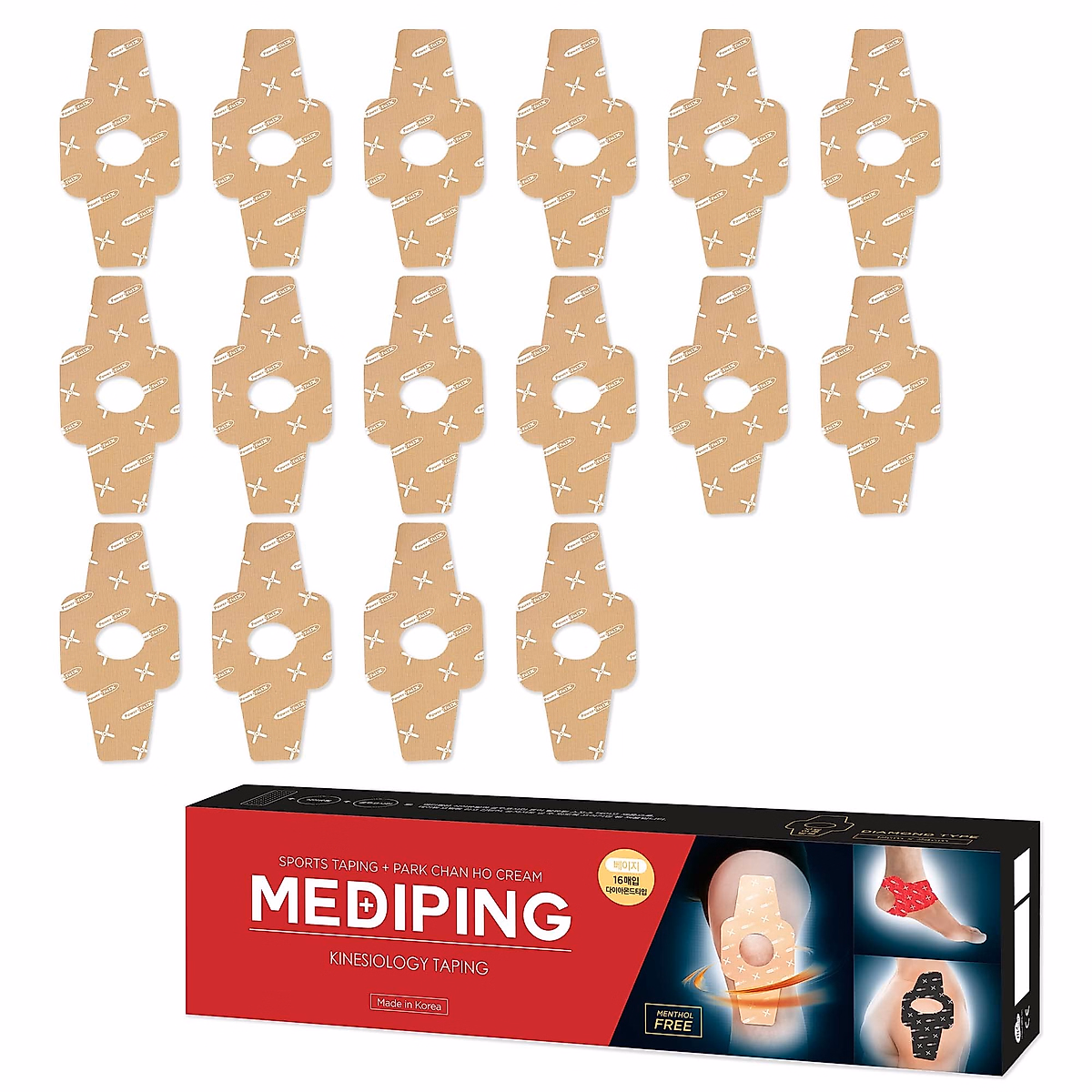 Powerful-X MEDIPING Sports Tape with Recovery Cream for Pain l Therapeutic Athletic Tape l Pain Relief, Diamond Type, 16 Pack, Beige
