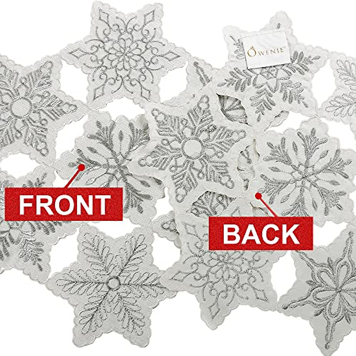 OWENIE Christmas Placemats Set of 4, Metallic Embroidered Cutwork Silver Snowflakes Round Placemats for Dinging Table, Luxury Holiday Tabletop Collections, Winter Table Mats (4pcs, 15 inches Round)