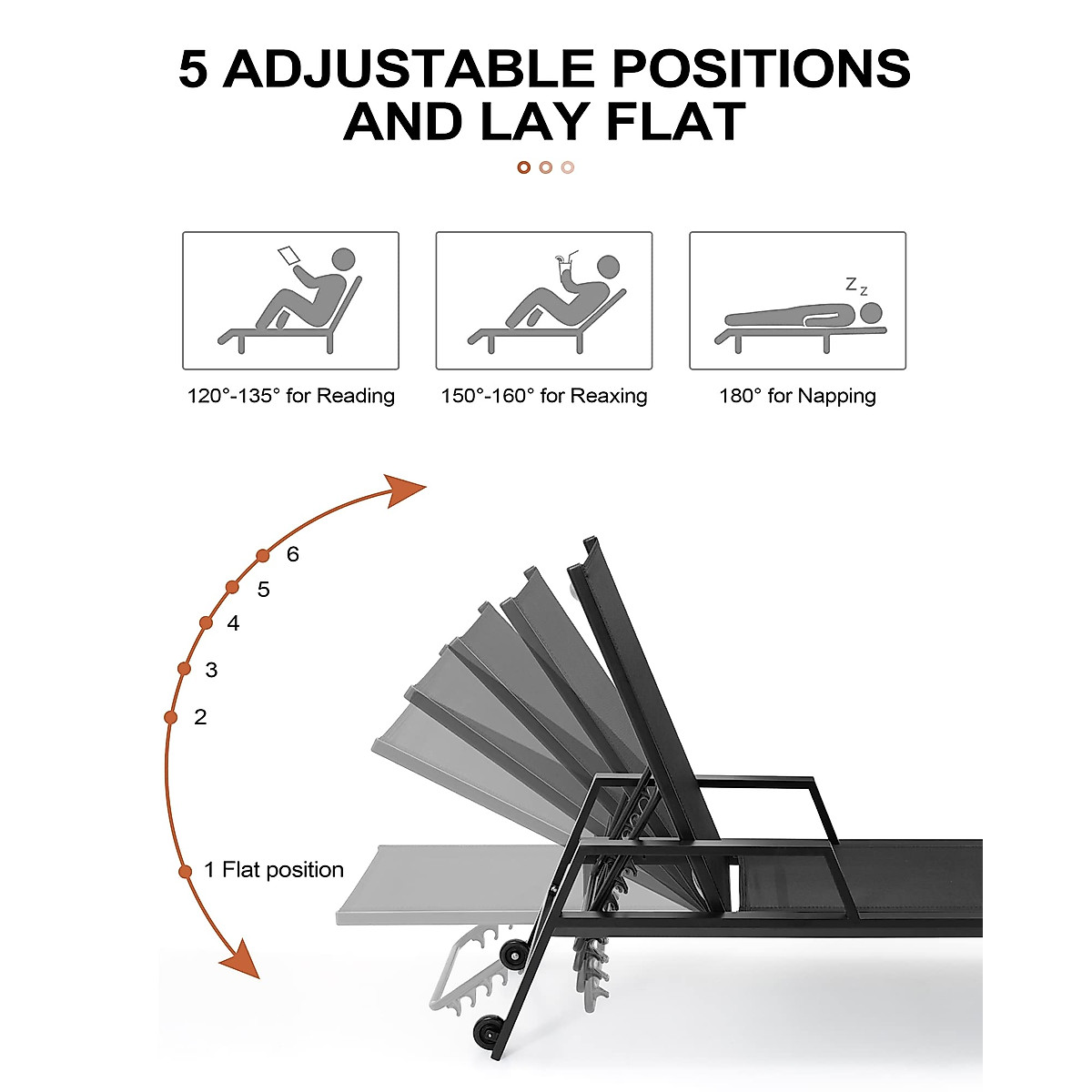 Crestlive Products Outdoor Lounge Chair with Wheels and Armrest, Extra Large Pool Lounge Chairs Set of 2, Aluminum with Adjustable 5 Backrest for Outside, Patio, Beach, Yard