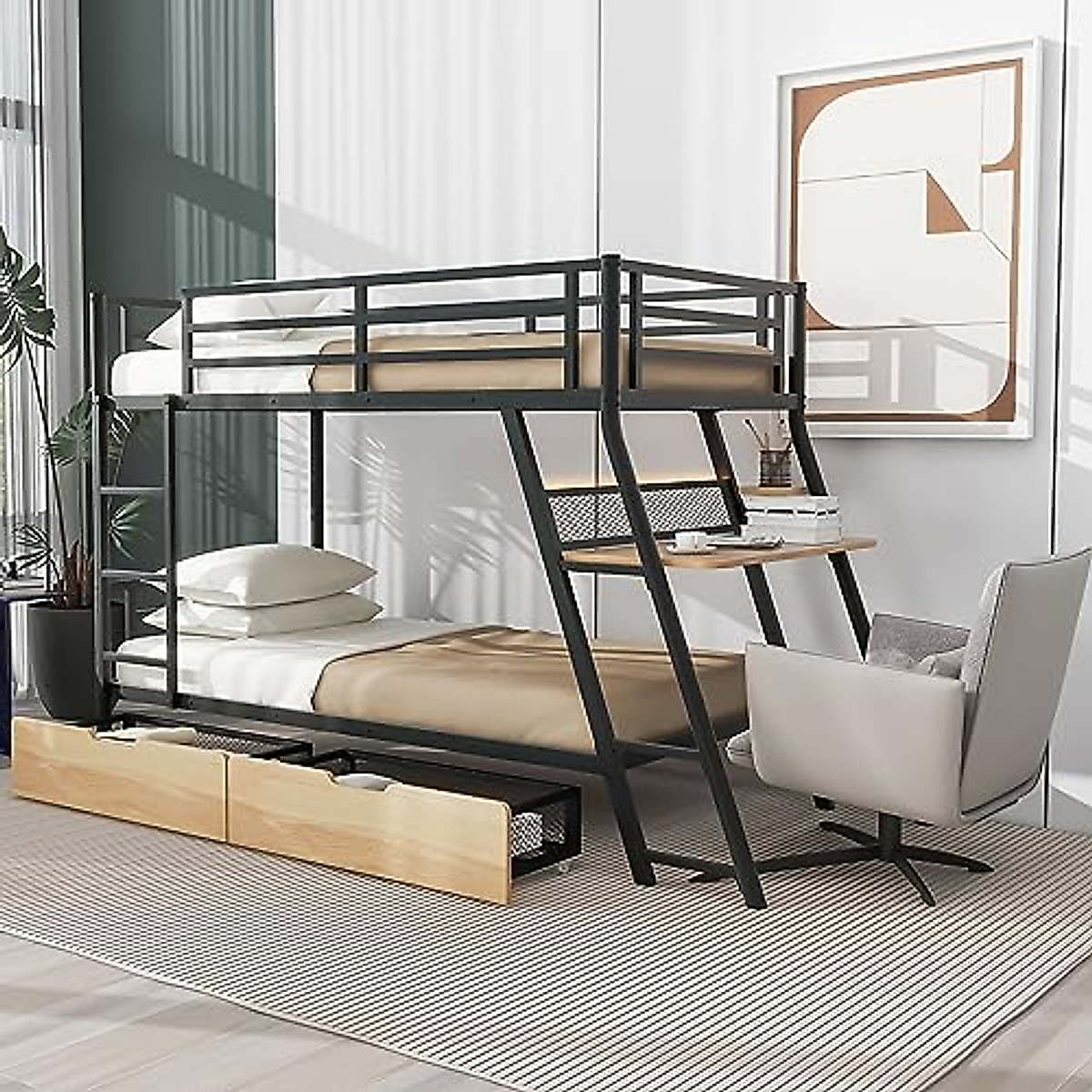 SIYSNKSI Twin Size Bunk Bed with Built-in Desk and 2 Drawers, Metal Bunk Bed Frame with Light and Metal Slat Support for Kids Teens Boys Girls Bedroom, No Box Spring Needed