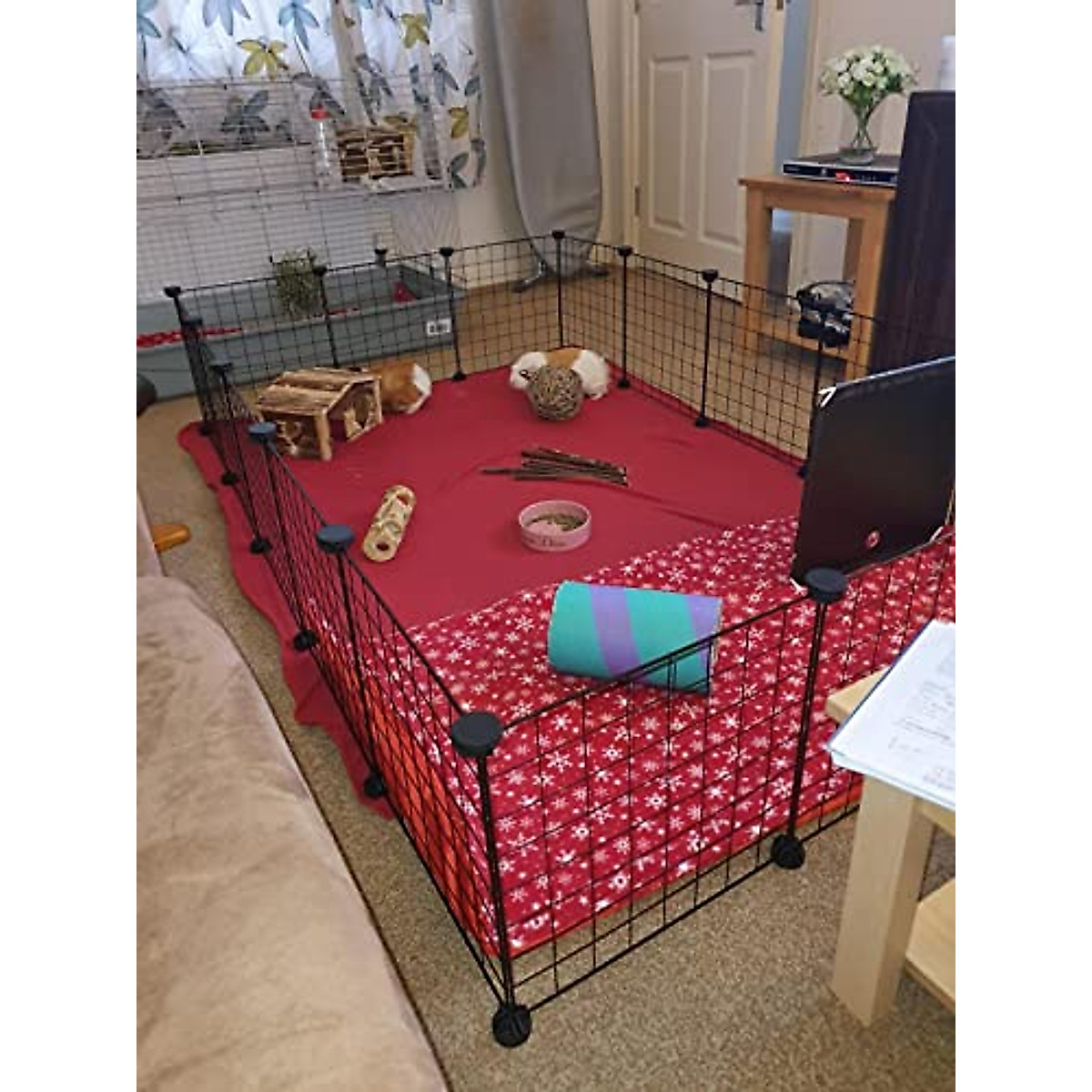 LANGXUN DIY Small Animal, Pet Playpen, Rabbit , Guinea Pig Cages, Puppy, Kitten Playpen | Indoor & Outdoor Portable Metal Wire Yard Fence (16pcs Metal Panels)