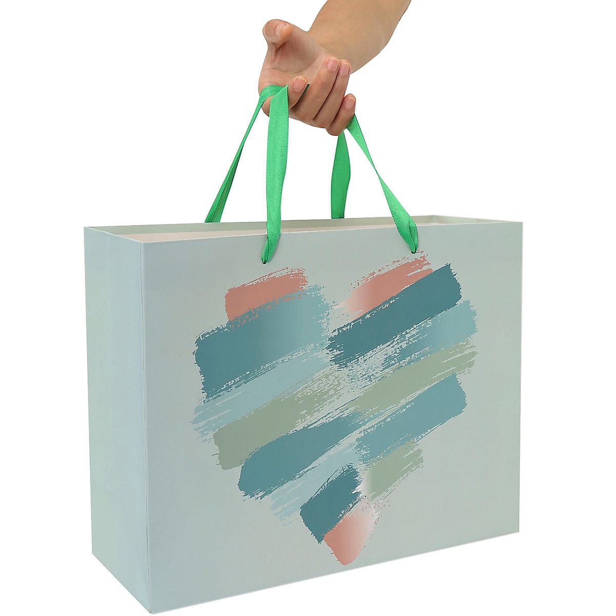 13" Large Mint Green and Peach Gift Bag Set with Greeting Card and Tissue Papers (Brushstroke Heart Design) for Celebrating Birthday Party, Mother's Day, Wedding, Anniversary, Bridal Shower - 13”x5.2”x10.2”, 1 Pcs.