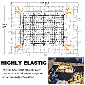 GSPSCN Cargo Net 4' x 6' for Truck Pickup Bed, Trailer ,Boat ,RV SUV Stretches to 11'x17' Max Roof Rack Net ,Small 4”x4” Mesh Heavy Duty Bungee Cord Net Compatible with Dodge Ram,Chevy Ford,Toyota