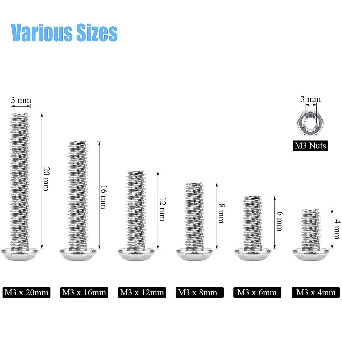 DYWISHKEY 360 Pieces M3 x 4mm/6mm/8mm/12mm/16mm/20mm Stainless Steel 304 Hex Button Head Cap Bolts Screws and Nuts Kit