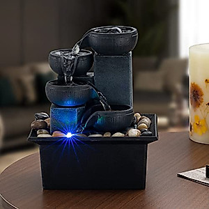 Tabletop Fountain Indoor Mini Waterfall 4-Tier Relaxation Tabletop Fountain Small Indoor Fountain Meditation Fountain Includes Natural River Rocks and Multi-Coloured Lights (Premium Grey)