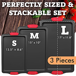 Premium Non-Stick Baking Sheets Set of 3 - Deluxe BPA Free, Easy to Clean Racks w/ Silicone Handles - Bakeware Pans for Cooking Baking Roasting - Lets You Bake The Perfect Cookie or Pastry Every Time