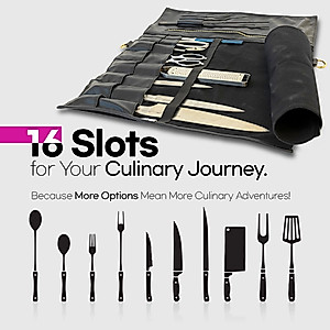 Knife Roll, Durable Waxed Canvas Chef Bag - 16 Total Slots for Knives & Kitchen Tools, A Large Zipper Pocket for Cutlery, Blades Case, Portable Pouch with an Adjustable Shoulder Strap