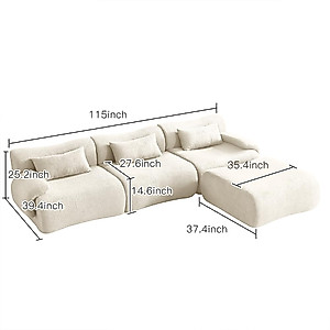 Luoxiao Modular Sectional Sofa L Shaped Sectional Couch Luxury Modern Cloud Couch with Chaise Oversized Bamboo Shaped Sofa Comfy Fluffy Boucle Floor Sofa for Living Room, Beige 3 Seat and Ottoman