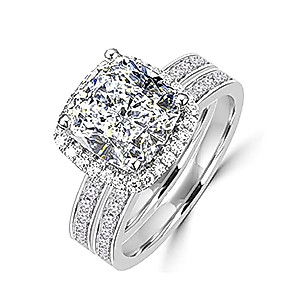 Diamonbella 101 facets 2 Carat Princess Cushion Cut NSCD Simulated Diamond Ring Band Set Solid 925 Silver Halo DBCUSHSET7 (Ring-Set, 6)