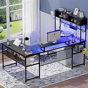 Unikito U Shaped Desk with Hutch, Reversible L Shaped Computer Desk with Power Outlets and LED Strip, Large Office Table with Monitor Stand and Storage Shelves, 83 Inch U Shape Gaming Desk, Black