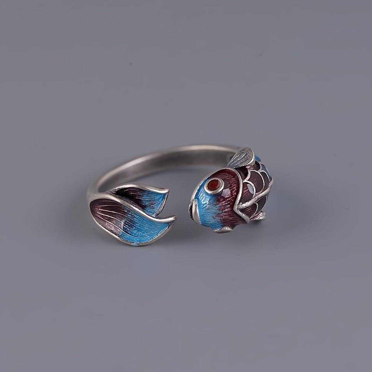 925 Sterling Silver Cloisonne Enamel Carp Fish Ring for Women Open Adjustable
