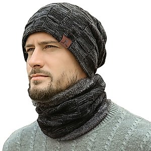 FZ FANTASTIC ZONE Mens Winter Beanie Hats Scarf Set Warm Knit Skull Cap Neck Warmer with Fleece Lined Winter Hat for Women Black