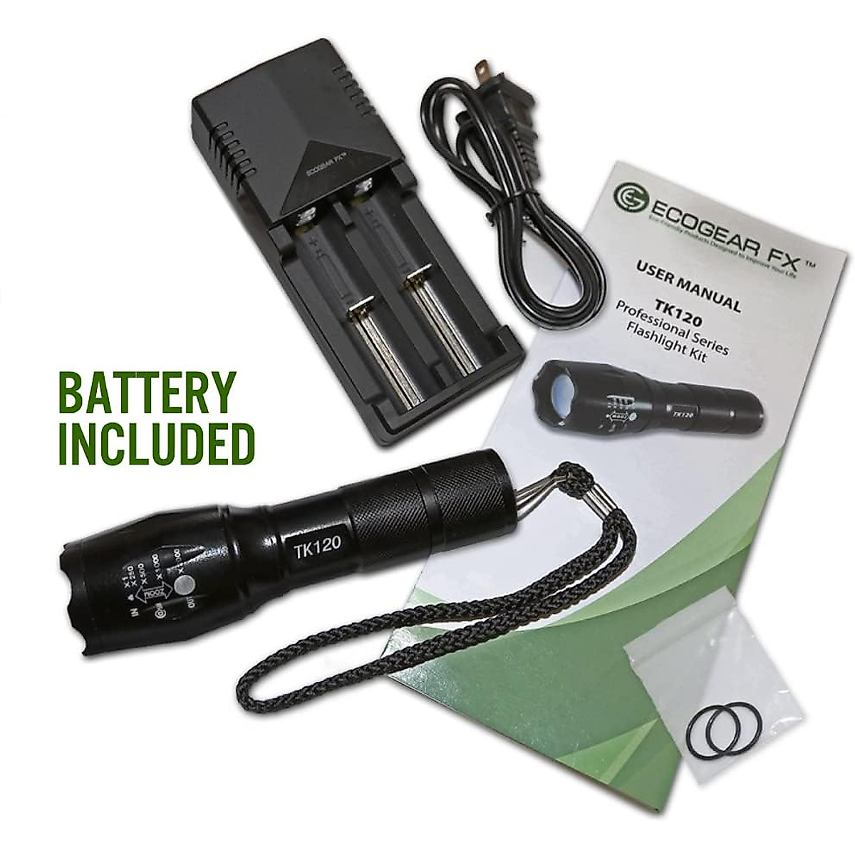 EcoGear FX Complete LED Tactical Flashlight Kit TK120 Flashlight with Rechargeable Battery: High Lumens with 5 Light Modes, Water Resistant, Adjustable Focus Zoom