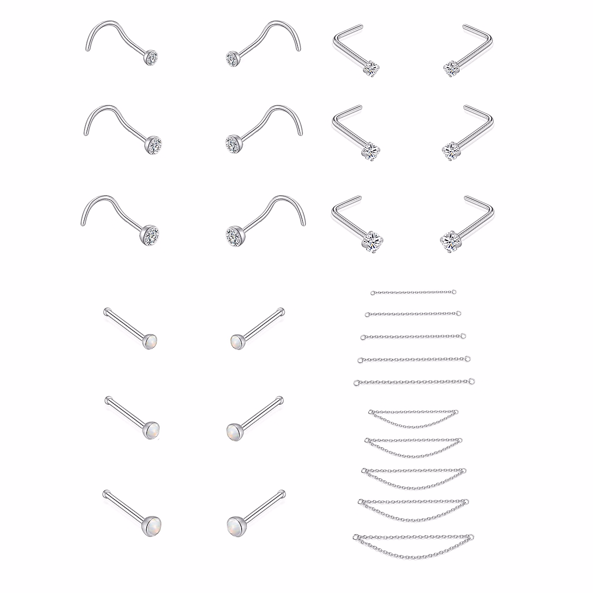Akeoqi 28Pcs Nose Stud Nose Chain Screw Straight L Shape Nose Stud Chain Nose Stud Nostril Piercing Body Jewelry for Women Men 20G Set 2mm 2.5mm 3mm CZ Silver Tone