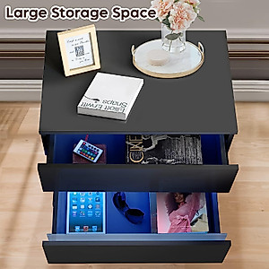 HOMMPA LED Nightstand with 2 Drawers Modern Black Bedside Table Nightstand with Storage Cabinet High Gloss Night Table with 16 Colors LED End Table Smart Nightstand for Bedroom Furniture