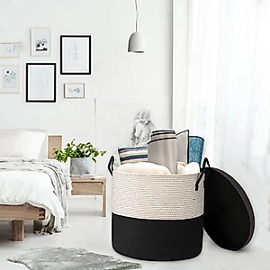 Echueuey 115L Extra Large storage basket with lid, blanket basket with lid for living room,extra large laundry basket,large round basket with lid,wicker basket with lid,Black 21" x 21" x 18"