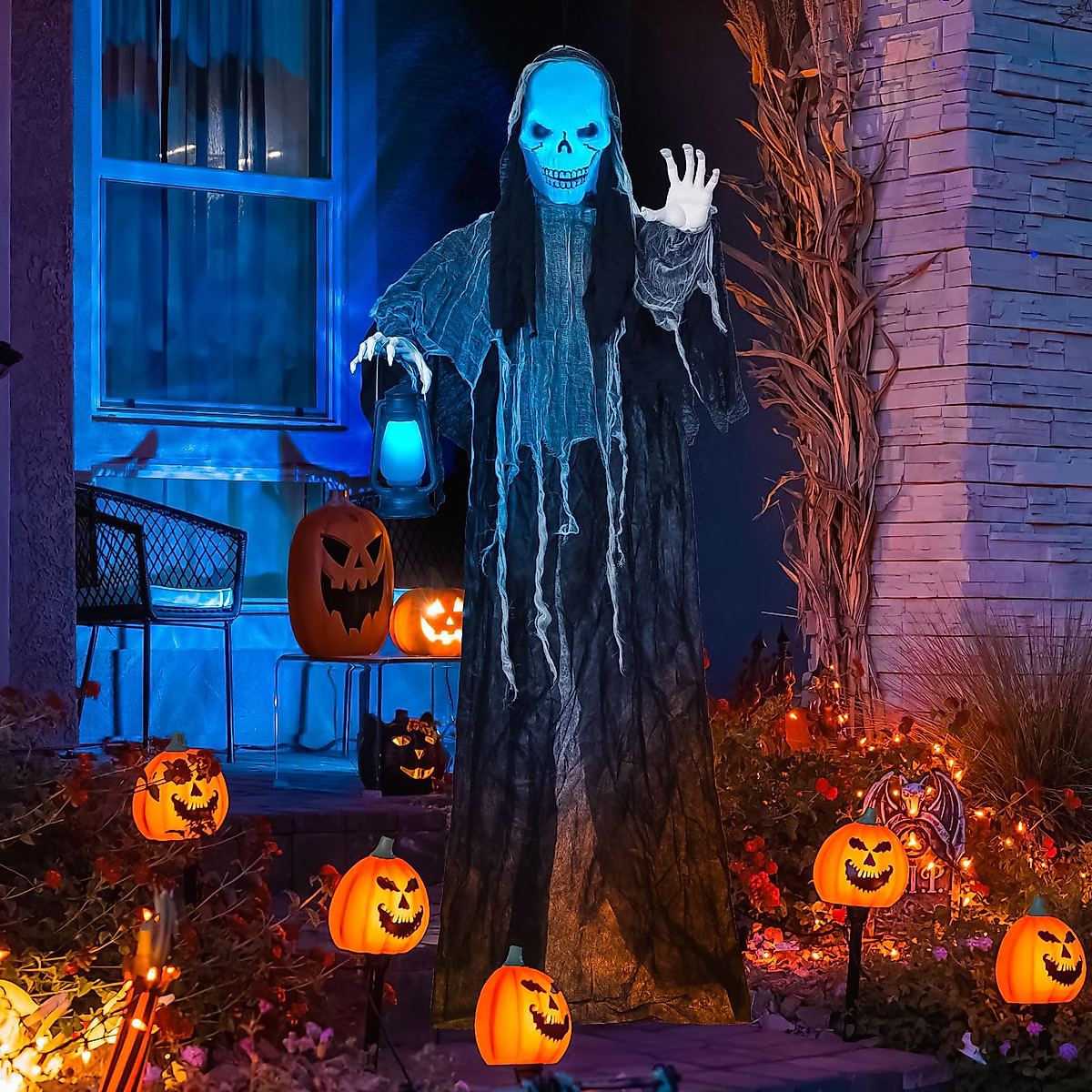 NIFTI NEST Grim Reaper with Light-up Head, Lamp & Creepy Voice, Ghost Skeletons Halloween Decorations Haunted House Props