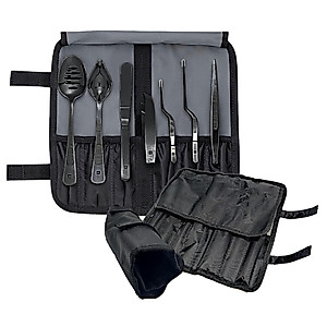 DOJA Barcelona | Chef Plating tools culinary set | BLACK | 7 Professional cooking Utensils | 3 kitchen tweezers Drawing Pencil Spoon Fish tongs Spatula Slotted spoon | Modernist cuisine food art