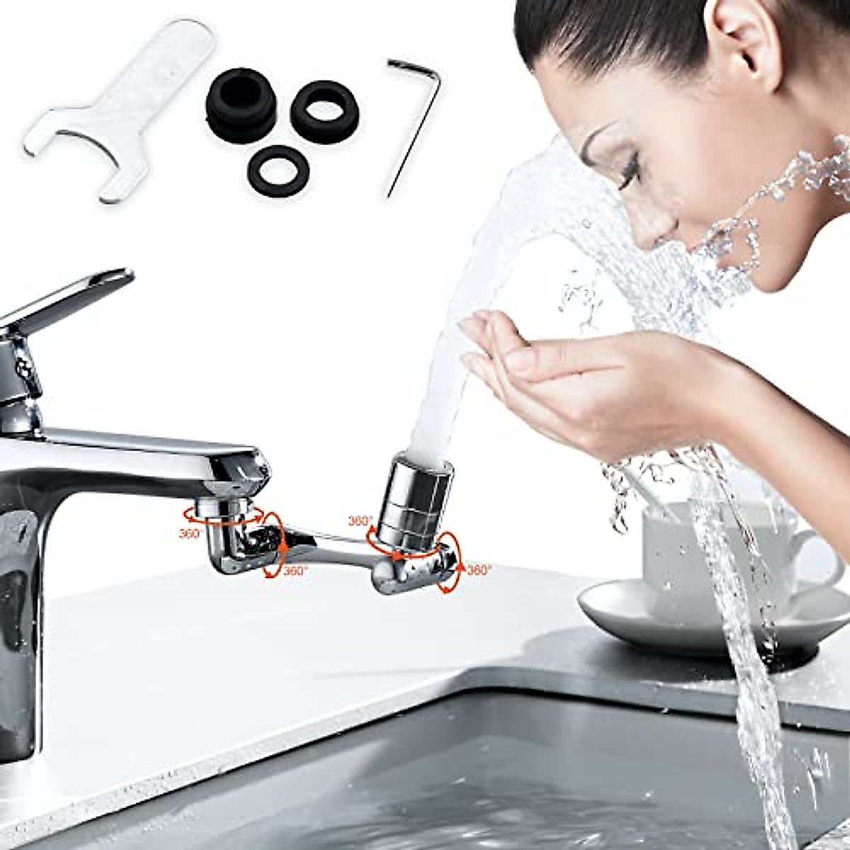 1440° Rotating Faucet Extender Aerator 1080°+360° Universal Large Angle Robotic Arm Water Nozzle Swivel Faucet Extender for Face Washing Gargle and Eyewash with 2 Water Outlet Modes