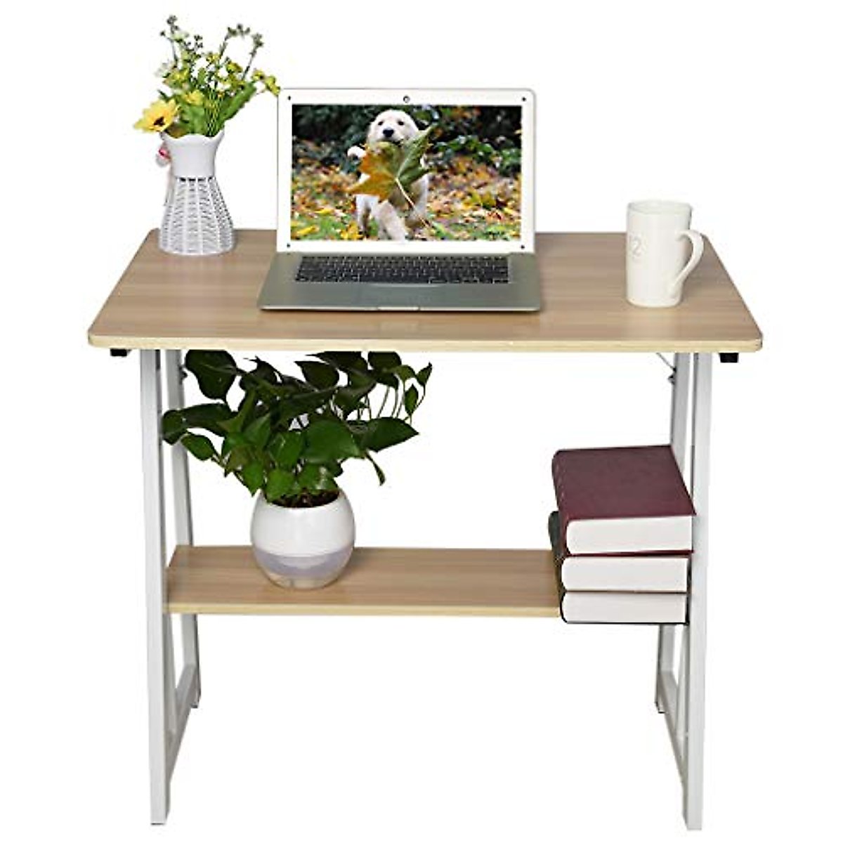 ZHOU2# Desktop Computer Desk with Storage Rack, Home Office Study Writing Table Computer Gaming Table Bedroom Laptop Study Table, Student Bookcase Study Reading Writing Desk PC Laptop Table (Yellow)