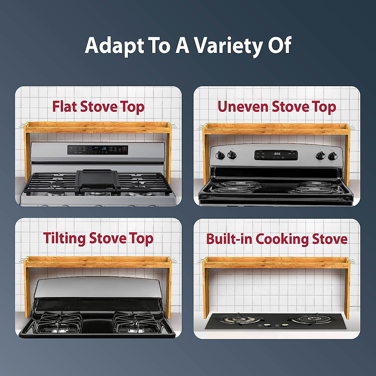 IIIOIIIA Bamboo Over The Stove Spice Shelf for Kitchen Storage, 31.5" Kitchen Spice Rack Organizer Stove Top Shelf with 6 Hooks, 11.4" Height Extra Storage Countertop, Easy to Assemble