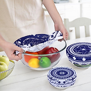 5 Pieces Bowl Covers Reusable, 5 Size Stretch Cloth Bowl Covers for Bread Proofing Cotton Fabric Elastic Bowl Covers Reusable Food Covers Washable for Food Fruits Leftover (Blue)