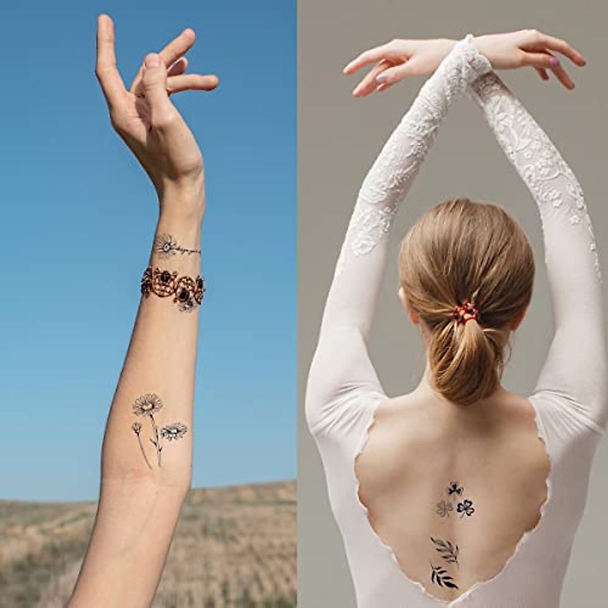 ANIUVOT Small Semi Permanent Tattoos Flower & Space for Women Teen Girls 10 Sheets, Plant-Based Ink, Realistic Temporary Tattoos Sun Moon Stars, Dandelion, Clover, Long Lasting for 1~2 Weeks