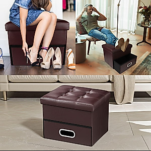 VewePata Multi Zone Folding Storage Ottoman 17 inches Leather Folding Ottomans Foot Rest Stool Storage for Living Room, Bedroom, Dorm. Double Storage Design with Thick Sponge.Brown