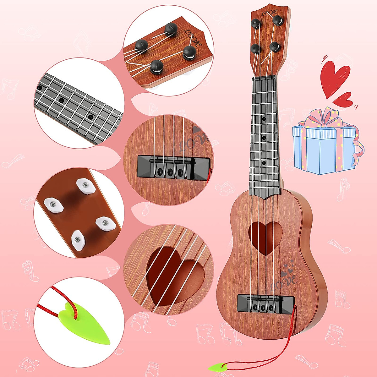 Kids Toy Guitar, Ukulele Beginner Musical Instrument, Easy to Hold 17 inches with 4 Adjustable Strings Mini Guitar for Skill Improving Early Educational Pre School Children Toddler