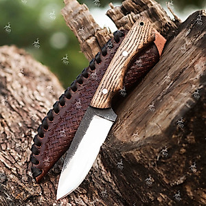 10'' Inch Fixed Blade Hunting Knife, Bushcraft, Survival, Outdoor, Skinning, Camping Full Tang Knife With Leather Sheath. (Oak Wood)