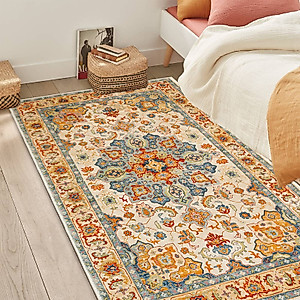 COMSLE Boho Area Rug, 4' x 6' Machine Washable Rugs for Entryway Faux Wool Large Rugs Distressed Throw Rug Non-Slip Floor Carpet for Indoor Bedroom Kitchen Living Room