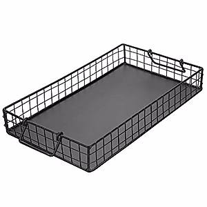 MyGift Matte Black Metal Wire Rectangular Decorative Tray with Handles, Modern Basket Style Wire Decoration Tray for Coffee Table or Ottoman, Breakfast ServingTray