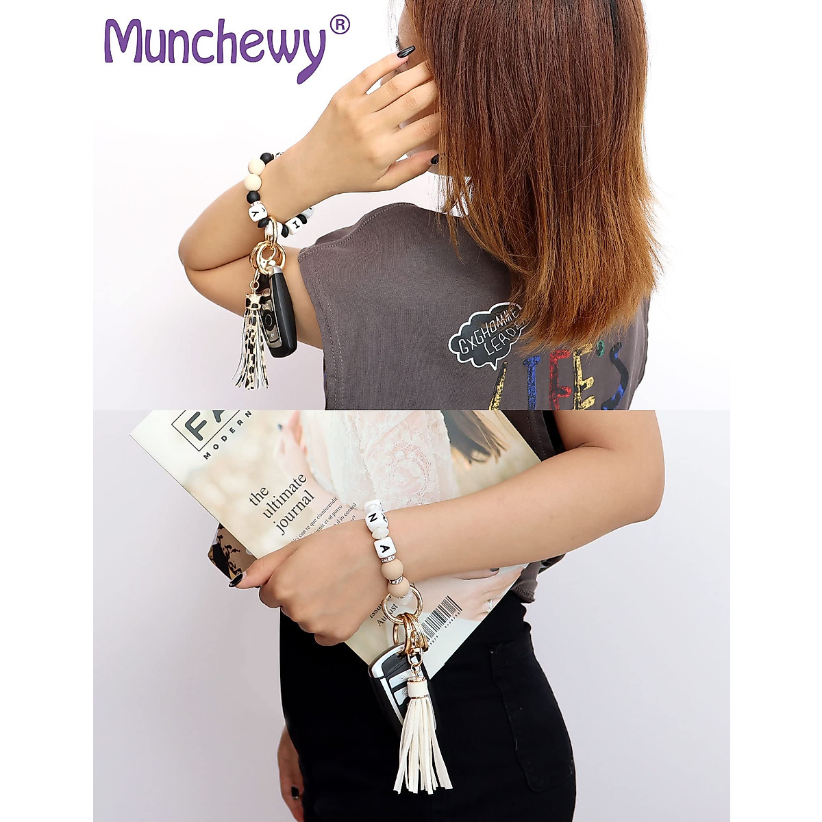 Munchewy Personalized Silicone Bead Keychain Bracelet Wristlet, House Car Keys Ring Holder Tassel Daisy Flower(Lilac/Marble)