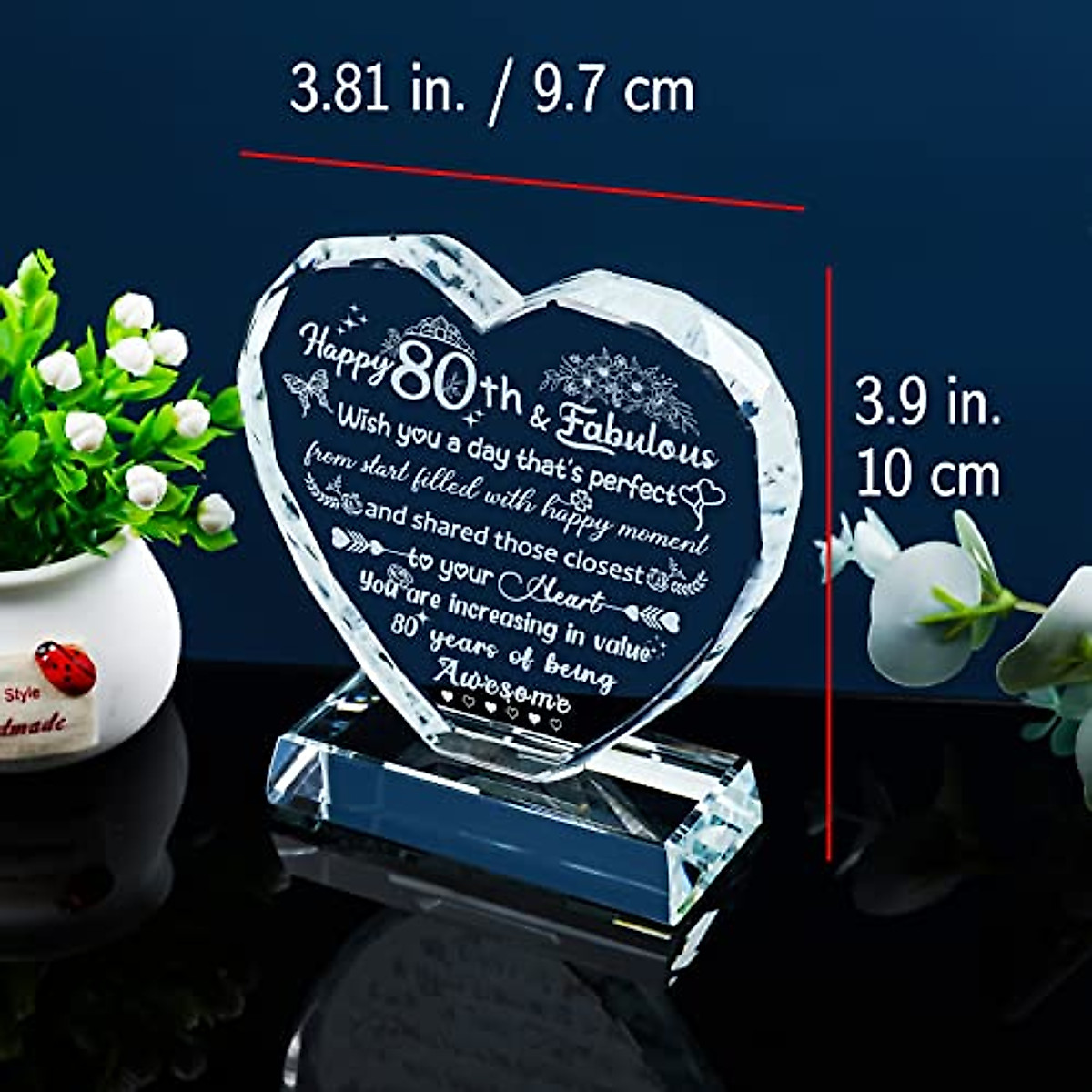 80th Birthday Gifts for Women Mom, Happy 80 Years Old Gifts Ideas for Female Grandma, Glass Love Heart Engraved Keepsake Presents for Her Wife