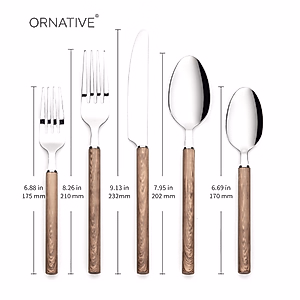 20 Piece Walnut Faux Wooden Handle Flatware Set For 4,Ornative Ivy Silverware Include Knifes, Forks, Spoons, Stainless Steel Cutlery Silverware Set, Dishwasher Safe Utensil for Home Kitchen Restaurant