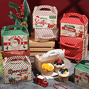24 Pcs Christmas Cardboard Treat Boxes Red and Green Xmas Santa Delivery from North Pole Gift Boxes for Goodie Cookie with Handles Food Packaging Boxes for Office Party Favor Supplies (Cute Style)