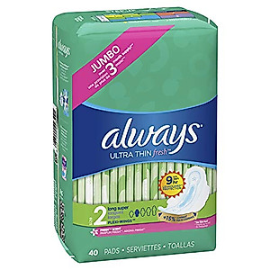 Always Ultra Thin Pads Size 2 Super Long Absorbency Scented with Wings, 40 Count, Packaging may vary
