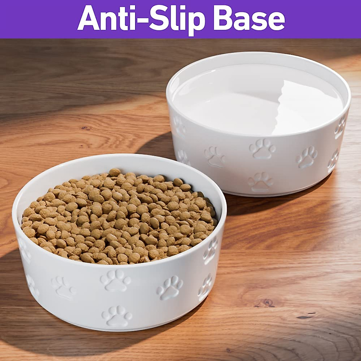 Ceramic Dog Bowl Set of 2 with Anti-Skid Base - 6.5" Wide x 2.5" Tall Ceramic Dog Bowls Medium Sized Dogs - 3 Cup Capacity Food and Water Bowls for Dogs - Rubber Bottom Pet Bowl Set of 2 Medium Size