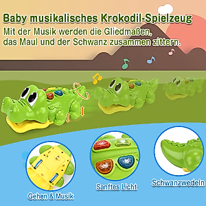 Nueplay Alligator Musical Crawling Toy for 1 2 3 Year Old Kids Babies Toddler Boy Girl Educational Learning Infant Toy with Music Light Game Modes 8 Songs with 3 AA Batteries