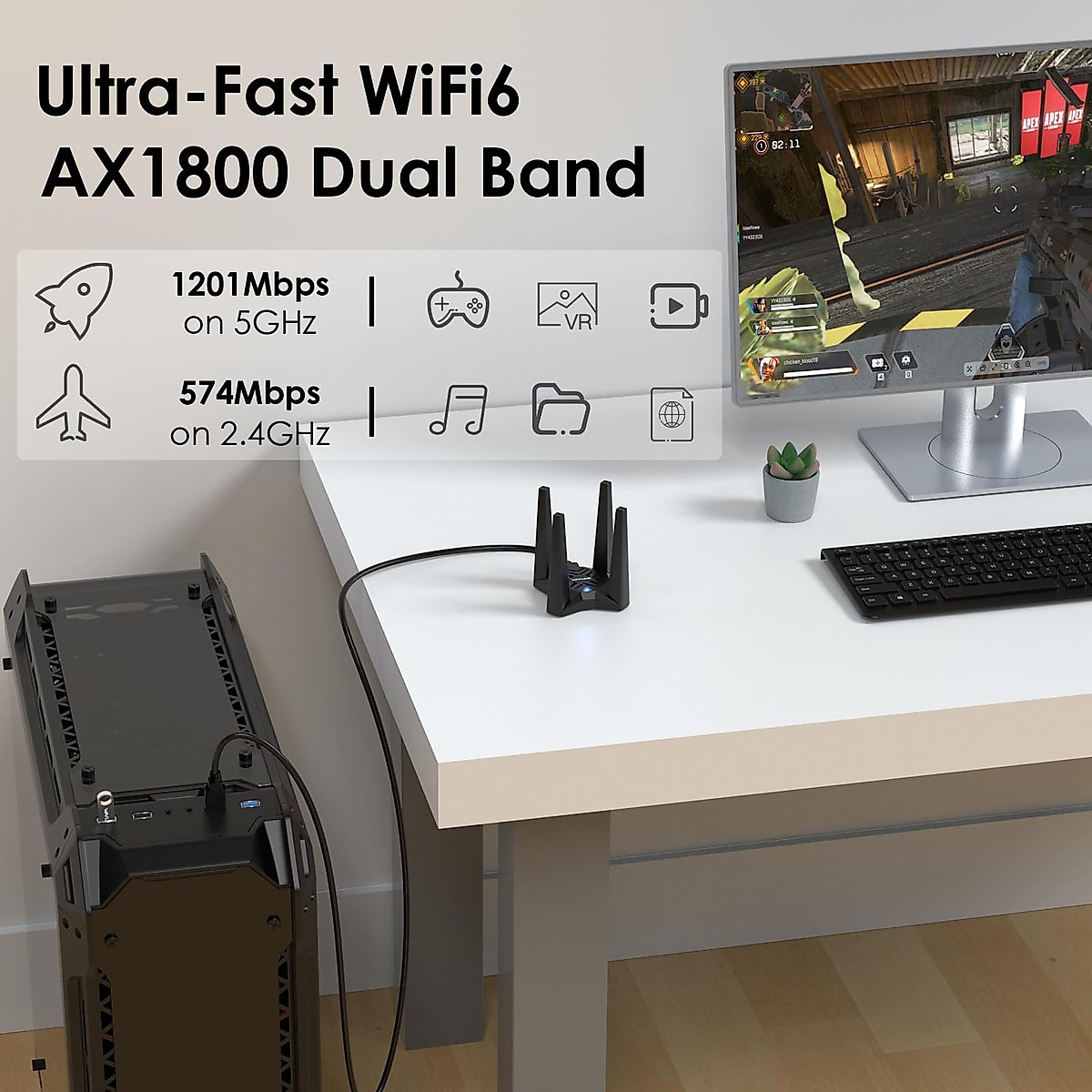 AX1800 USB WiFi 6 Adapter for Desktop PC, Dual Band 5GHz+2.4GHz PC WiFi Adapter with 4x3dBi High Gain Antennas, MU-MIMO, OFDMA, WPA3, Supports Windows 11/10, Magnetic Base Design