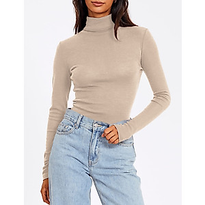 Trendy Queen Womens Fall Outfits 2024 Mock Turtleneck Long Sleeve Shirts Slim Fit Pullover Stretch Tight Basic Layering Soft Thermal Underwear Undershirts Fashion Beige