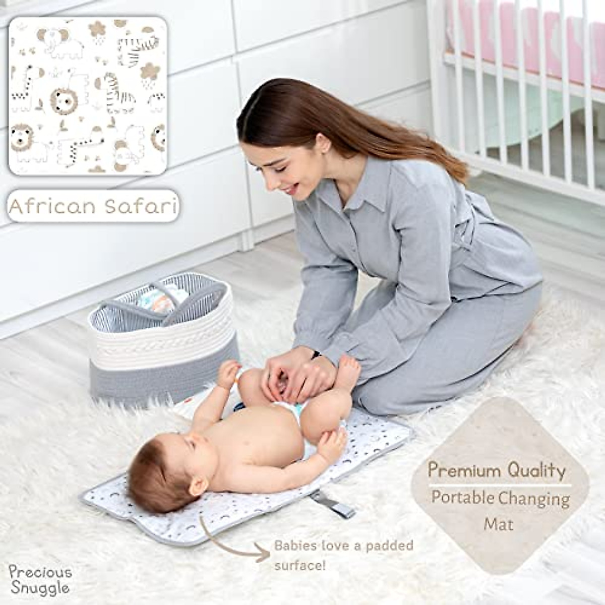 Precious Snuggle Portable Diaper Changing Pad | Waterproof Foldable Baby Changing Mat - Unisex Lightweight Changing Pad - Large Surface - Small & Compact | Double Wipeable Sides (African Safari)