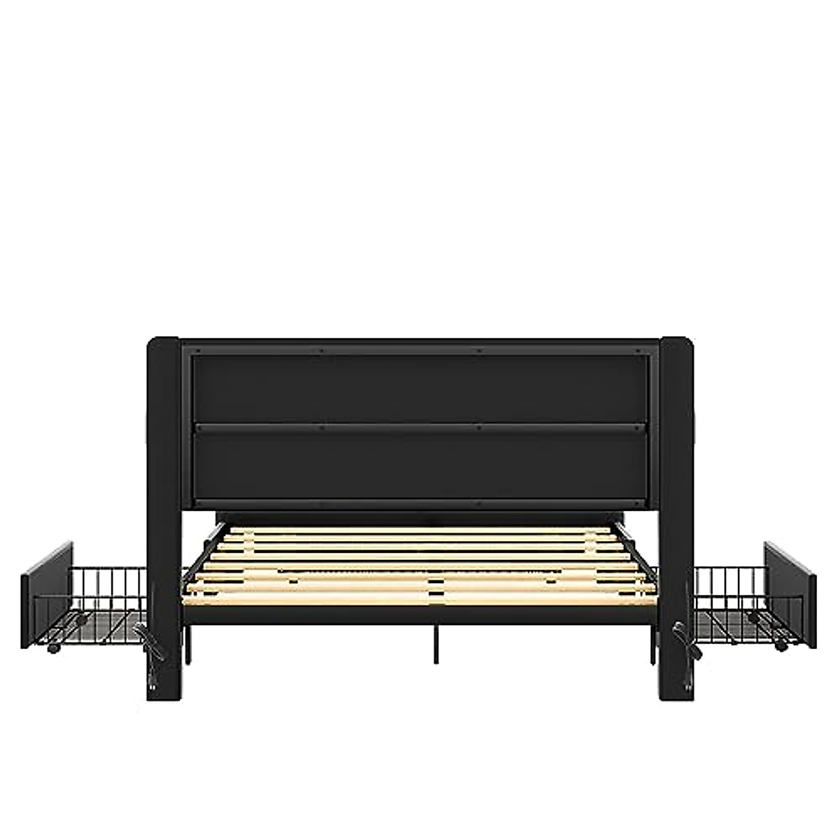 Upholstered Queen Size Platform Bed Frame with 3 Storage Drawers and Headboard, PU Leather Queen Storage Bed with USB Charging Station and Wooden Slats Support, Noise Free, Black