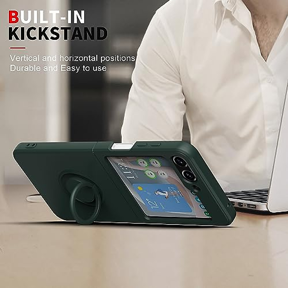 Hongxinyu for Samsung Galaxy Z Flip5 5G 2023 Case,Slim Liquid Silicone Couple Ring Kickstand Soft Anti-Scratch Microfiber Lining Protection Bumper Case for Galaxy Z Flip5 (Army Green)
